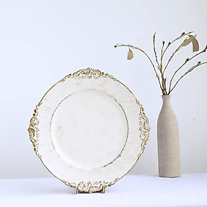 Tableclothsfactory 6 Pack White 13" Round Baroque Charger Plates Leaf Embossed Antique Gold Rim for Tabletop Decor Catering Event