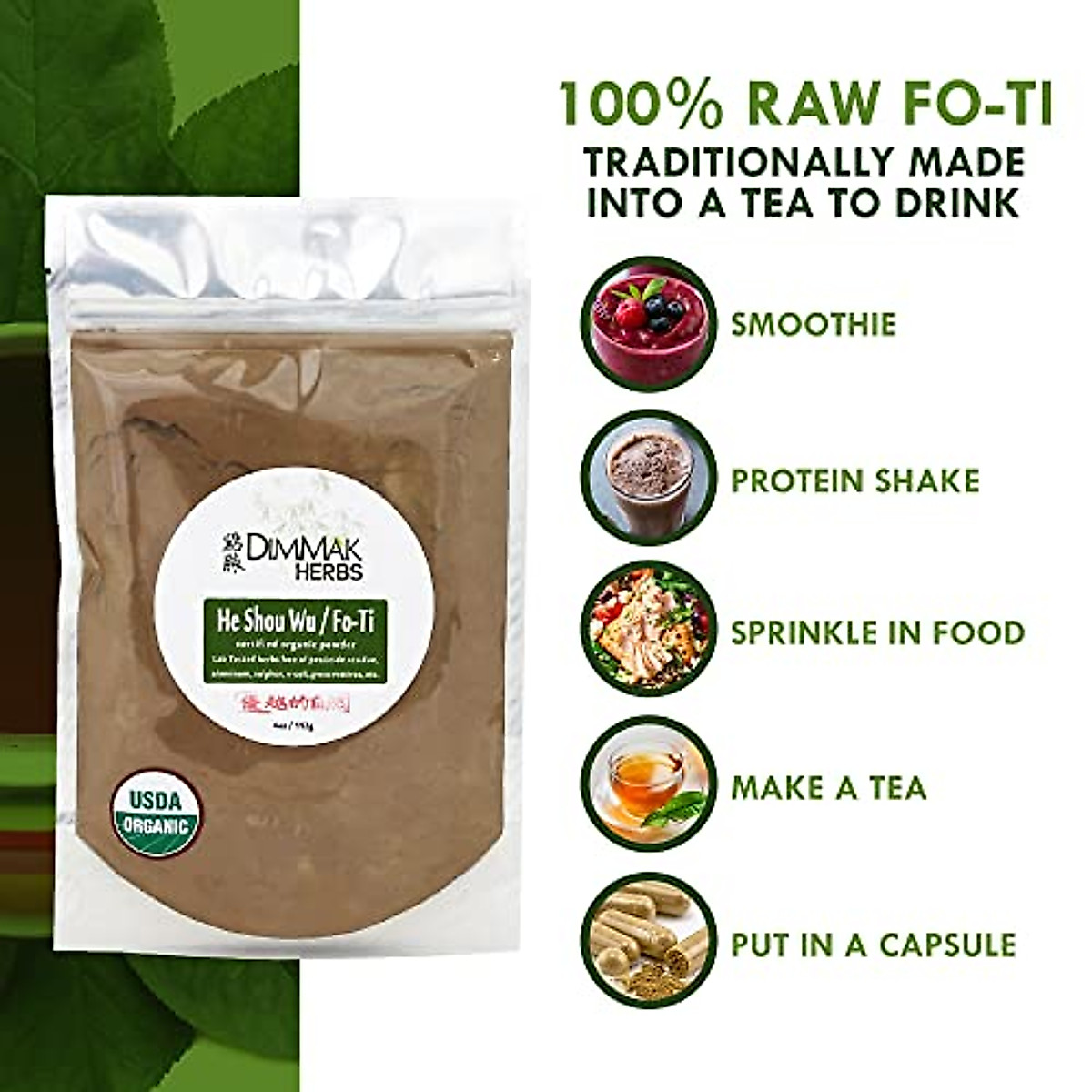 Dimmak Herbs Organic Fo Ti Root Raw Chinese Herb Powder - Cure/Prepared USDA Organic He Shou Wu (Polygonum Multiflorum Preperata) Add to Water or Smoothie 1 4oz/112g Bag