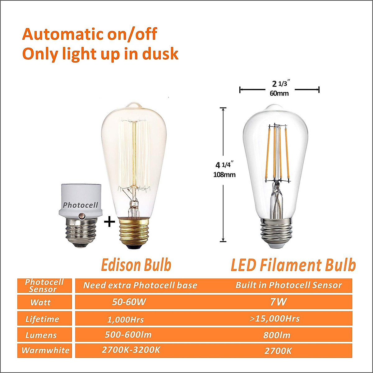 Dusk to Dawn LED Lights Bulb,Photocell Sensor Bulb, Auto Turn On/Off, ST58 ST19 60W Edison Replacement, E26 8W 800lm,Warm White 2700K for outdoor wall light fixture Garden Garage Porch Pack of 2