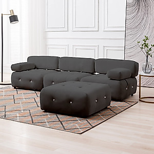 Mjkone Modular Sectional Sofa with Reversible Chaise, Velvet L Shaped Cloud Couch with Reversible Ottoman, 4 Seater Couch Button Tufted Designed, DIY Combination Sofa for Living Room, Dark Grey