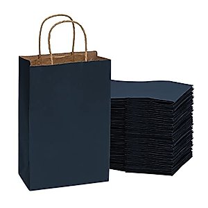 Blue Gift Bags - 6x3x9 100 Pack Navy Kraft Paper Shopping Bags with Handles, Craft Totes in Bulk for Boutiques, Small Business, Retail Stores, Birthday Parties, Restaurants, Take-Out