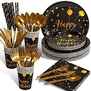 200 pieces of black and gold birthday party supplies, disposable happy birthday tableware set, gold plastic knives, forks, spoons, straws. Birthday themed tray, cup,25Guests (black)