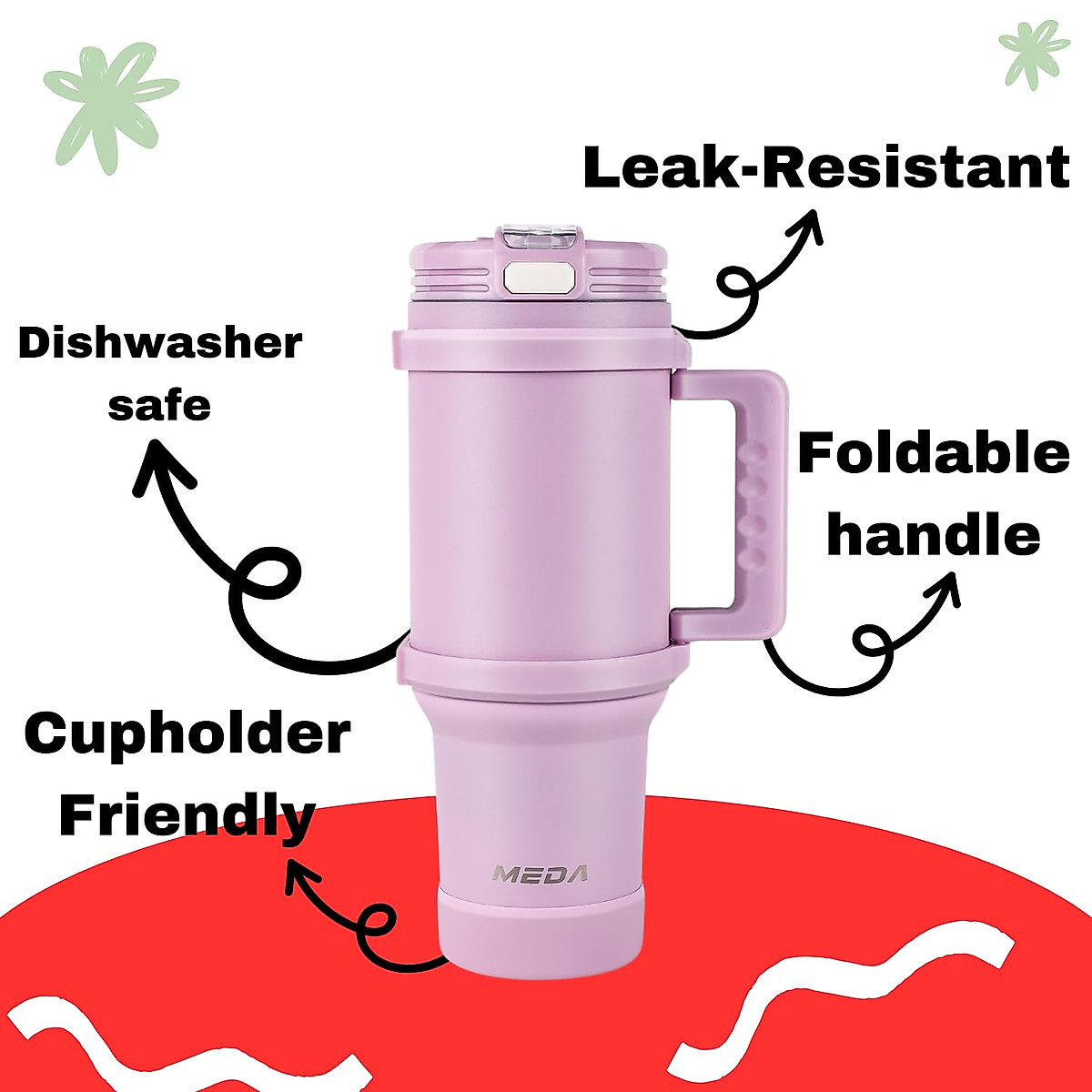 MEDA 40 oz Tumbler with Handle (Foldable) – Insulated, Reusable Stainless Steel Travel Coffee Mug – Perfect for Travel, Water, Iced Tea, Coffee – Ideal Easter Gift (Lilac)