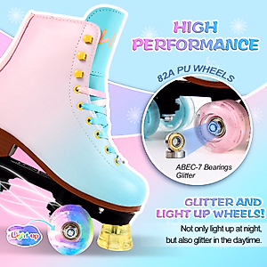 LIKU Quad Roller Skates for Girl and Women with All Wheel Light Up,Indoor/Outdoor Lace-Up Fun Illuminating Roller Skate for Kid (Pink&Blue, 7-8)