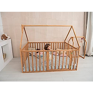 BUSYWOOD Montessori Playpen for Toddlers - Kids Play Pen Bed with Roof - High Rails Toddler Playpen - Floor Playpen Bed for Kids - Montessori Bedroom Furniture (Model 21)