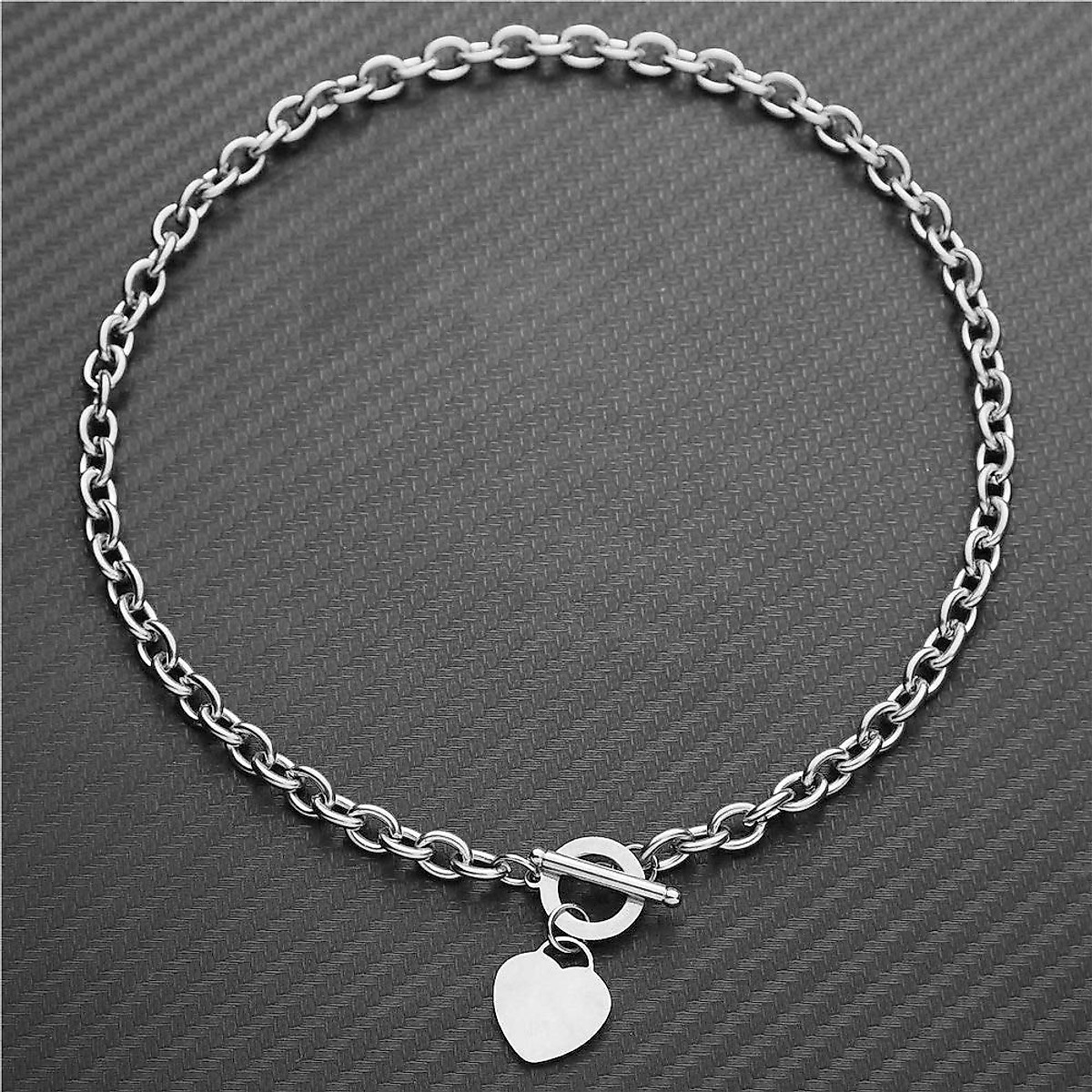 WangGao Elegent Love Stainless Steel Link Chain Blank Heart Charms Necklace for Women Toggle Clasp Closure,Silver…