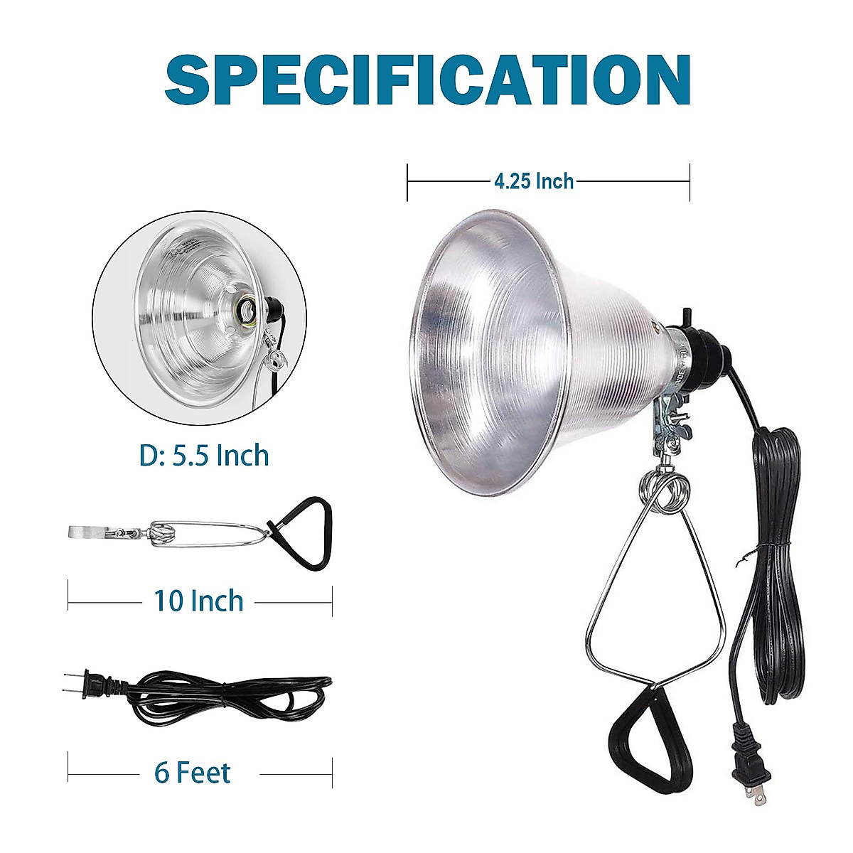 EP Clamp Lamp Light with Detachable 5.5 Inch Aluminum Reflector, 60 Watt E26 Socket (No Bulb Included), 6 Foot 18/2 SPT-2 Cord Cord, 2 Pack
