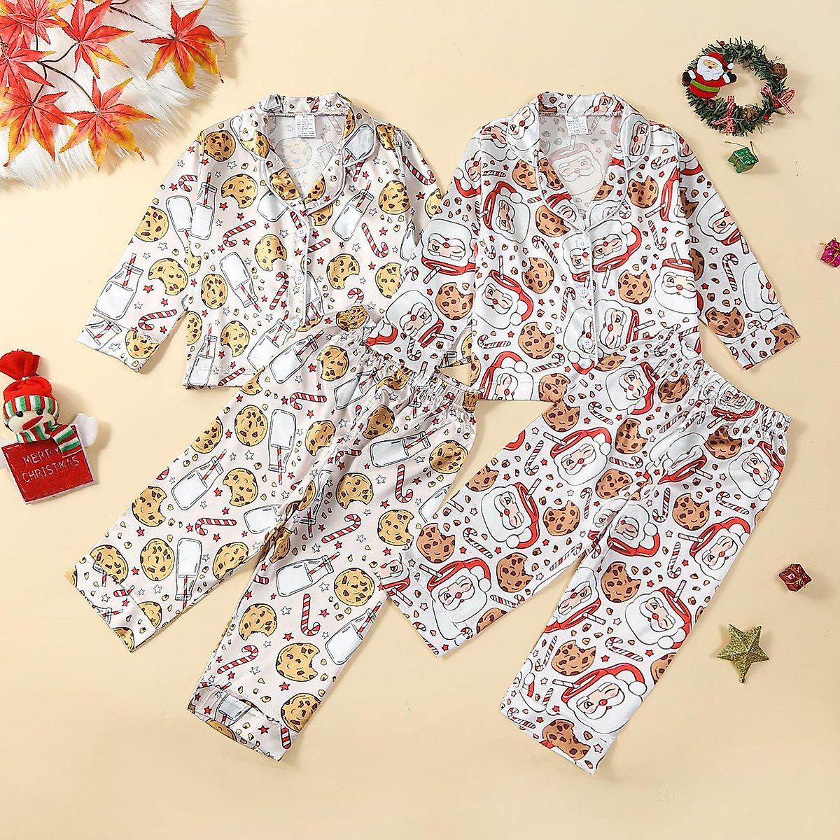 BULINGNA Kids Toddler Girl Boy Christmas Two Piece Pajamas Set Santa Claus Cookie Satin Pajamas Top with Pants Xmas Sleepwear (Santa Claus, 4-5 Years)