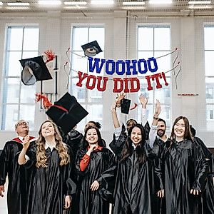 Woohoo You Did It Banner - Congrats Grad Sign, So Proud of You, 2025 High School/College Graduation Party Decorations Supplies, Blue and Red Glitter