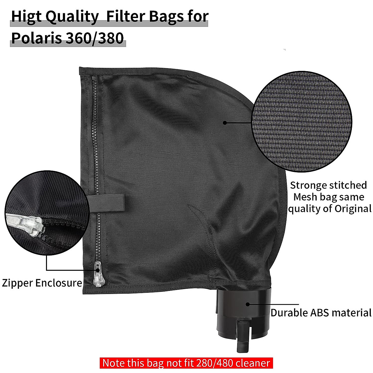 UCEDER Black Nylon Mesh Pool Cleaner Bags,All Purpose Filter Bag with Zipper Replacement for Polaris 360 and 380 Pool Cleaner (2)