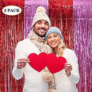 LOLStar 3 Pack Valentines Foil Fringe Curtains Valentine's Day Party Decorations 3.3X6.6 ft Red Pink Tinsel Material Curtain Photo Backdrop Streamer Backdrop for Valentines Day Decor Birthday Wedding