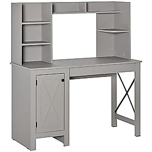 HOMCOM Farmhouse Computer Desk with Hutch and Cabinet, Home Office Desk with Storage, for Study, Light Grey