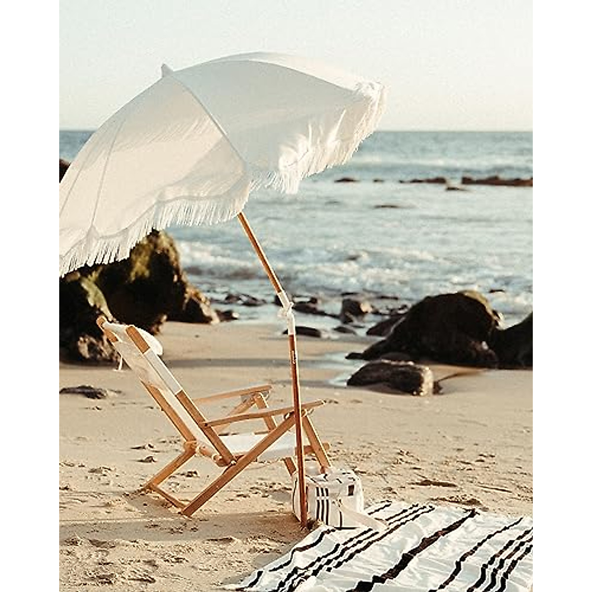 Business & Pleasure Co. Holiday Beach Umbrella ~ White Boho Fringe Umbrella, UPF 50+, 1" Tilting Wood Pole, 5’W x 6.5’H