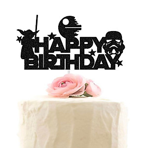 Alien Wars Happy Birthday Cake Topper Cartoon Cute Space Theme Black Glitter Decor for Baby Shower Birthday Party Decorations Supplies