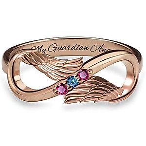 EBAT Angel Wings Ring for Women Angels Wing Birthstone Rings Mothers Day With 3 Birthstones Mother Daughter Ring Infinity Personalized Engraved Custom Name Sterling Silver Mom (1)