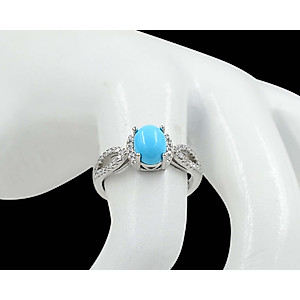 8X6 MM Oval Natural Blue Turquoise Cabochon 925 Sterling Silver December Birthstone Solitaire Unisex Proposal Ring Valentine Day Gift For Girlfriend Gift (Rhodium Plated Silver, 8)