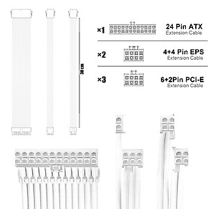 ABNO1 PSU Cable Extension Kit 30CM Length with Combs,1x24Pin/2x8Pin(4+4) EPS/3x8Pin(6P+2P) PCI-E/PC Sleeved for ATX Power Supply,White, All-White