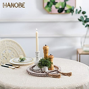 Hanobe Round Wooden Bead Tray: Coffee Table Tray with Wood Beaded Garland Decor Set Pinkish Whitewashed Decorative Tray for Counter Farmhouse Centerpiece Rustic Distressed Candle Holder