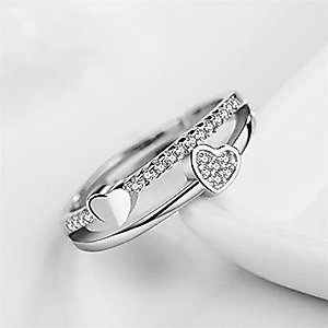 Guoshang Women Double Layered Heart Shape CZ Crystal Ring Rose Gold Silver 2 Colors Simulated Diamond Ring Opening Ring,Silver,1 Pc