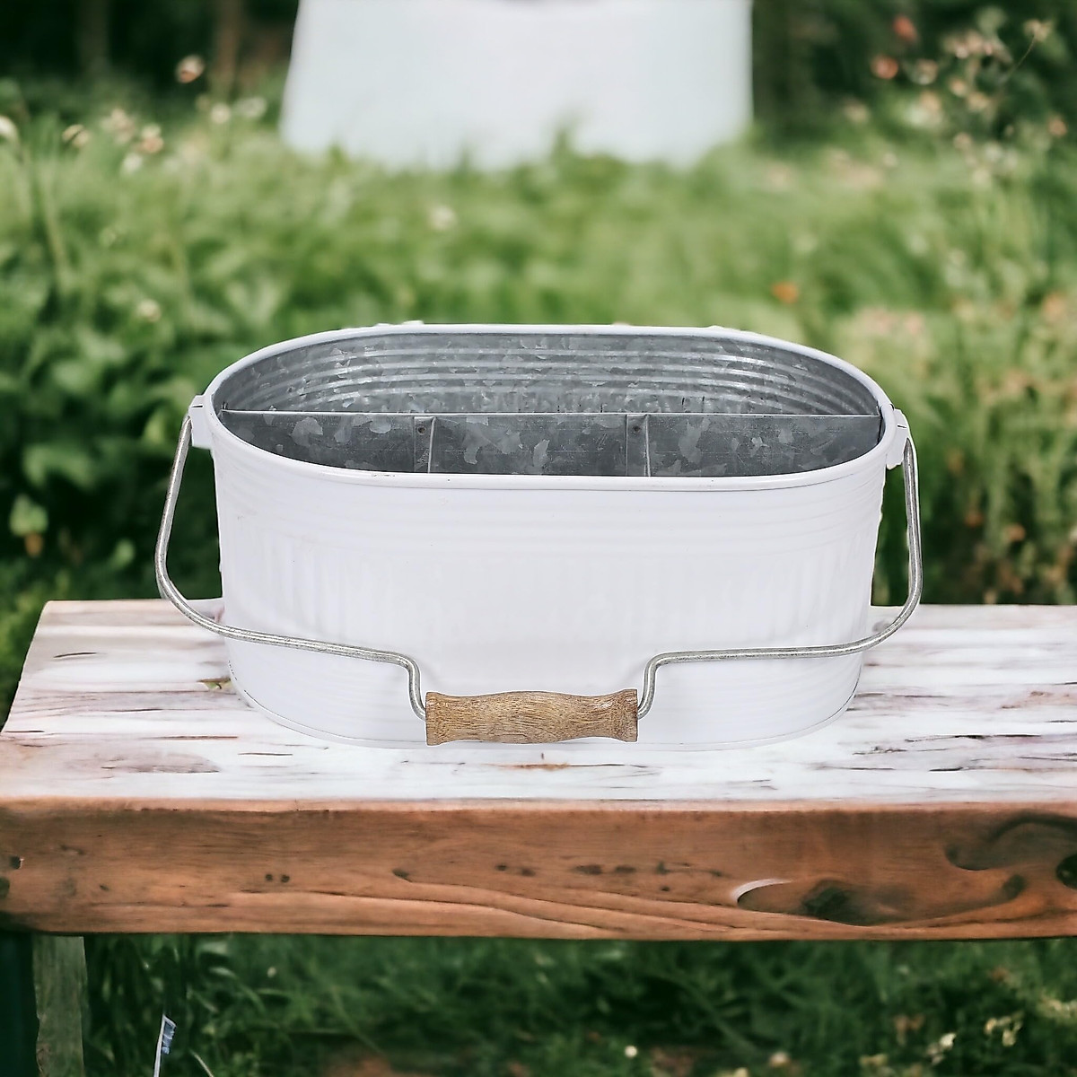 Utensil Caddy, Silverware Caddy Party, Silverware Caddy, Picnic Caddy, Flatware Caddy, Paper Plate Caddy, Galvanized Utensil Caddy, Metal Caddy, Outdoor Utensil Caddy - 13.5 Inches - Salt White/Grey