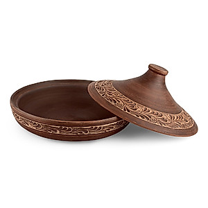 Handmade Red Clay Stoneware Tajine. Engobe Décor, Tajine with Ceramic Cone-Shaped Closed Lid, Tagines Pots With Pre Seasoned Cast Iron Diffuser, Caribbean One-Pot Tajine Cooking, Cookware Gift (Red 2.1 Qt)