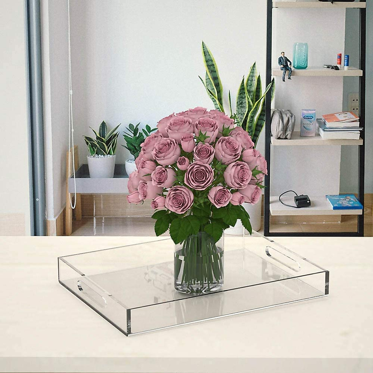 NIUBEE Acrylic Serving Tray 16x20 Inches -Spill Proof- Clear Decorative Tray Organiser for Ottoman Coffee Table Countertop with Handles