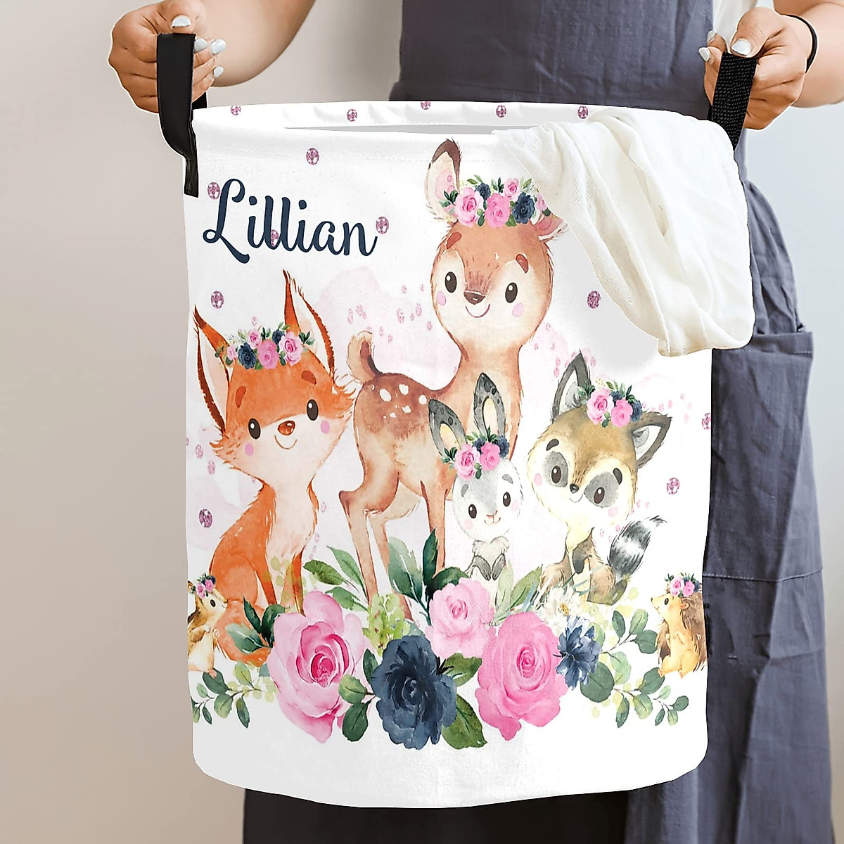 SunFancy Girl Woodland Animals Floral Personalized Laundry Basket Clothes Hamper with Handles Waterproof,Custom Collapsible One Size