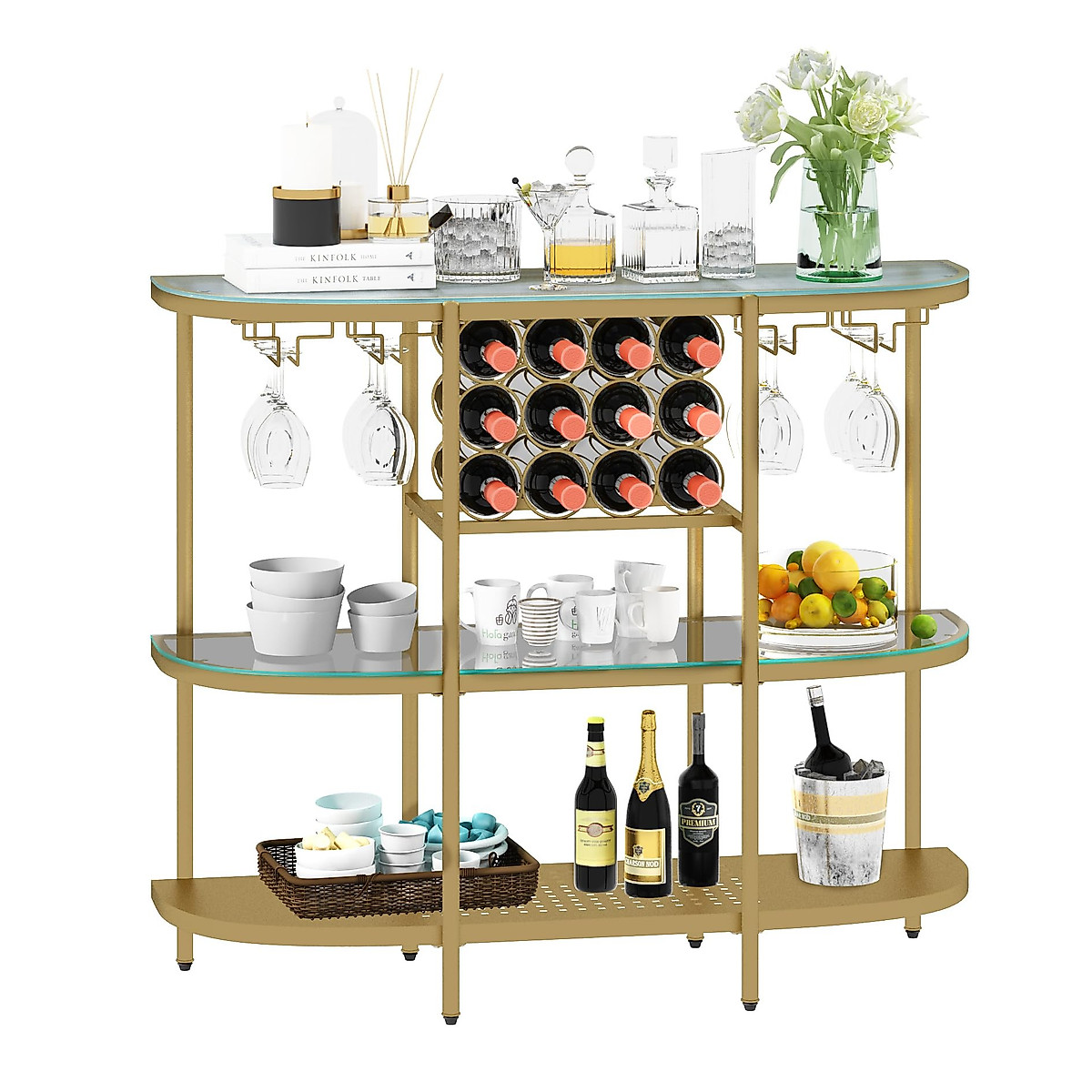 O&K FURNITURE Industrial Wine Rack Table with Glasses Holder, Liquor Bar Cabinet with Wine Storage, Freestanding Floor Wine Cabinet for for Bar, Buffet, Living Room