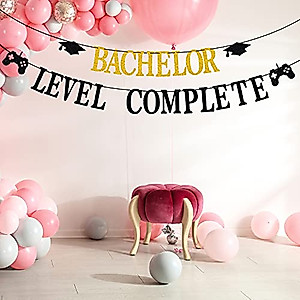 Bachelor Level Complete Banner, Congrats Bachelor Degree Graduation Party Decor, Video Game Themed Decorating, Class of 2021 Bachelor Graduation Party Decoration Supplies Black Glitter.