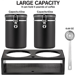Yangbaga 304 Stainless Steel Coffee Containers with Shelf,2 x 66 FLOZ Coffee Bean Storage with Airtight Locking Clamp and Spoon, Large Capacity Food Storage Jar for Kitchen