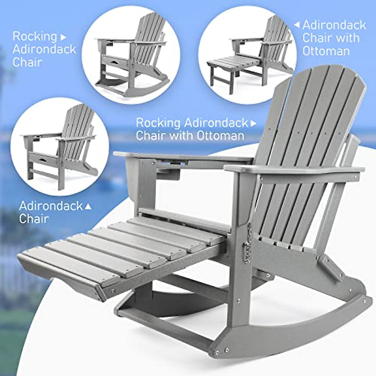 FUNBERRY Patio Rocking Chair Set of 2,Porch Rocker,Rocking Adirondack Chair,Folding Adirondack Chairs with Ottoman,All Weather Rocking Chair,Plastic Rocking Chair,350 lbs