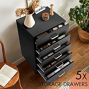 TUSY 5-Drawer Chest, Storage Dresser Cabinet with Wheels, Black