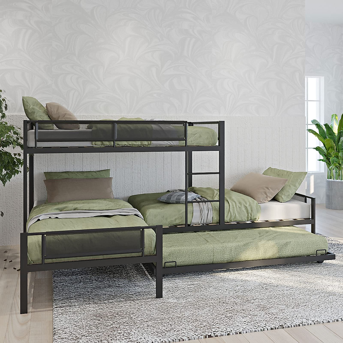 Neylory L-Shape Bunk Bed with Trundle,Triple Bunk Beds Twin Over Twin for 4 Kids,Quad Bunkbed Heavy Duty Metal Frame for Teens Children Toddler