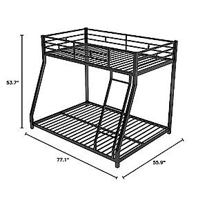 DNYN Twin Over Full Metal Bunk Bed with Safety Guardrail & Ladder for Kids/Adults,Floor Bunkbeds,Sturdy Steel Bedframe,No Box Spring Need,Perfect for Dorm,Bedroom,Guest Room,77.1"x55.9"x53.7", Black