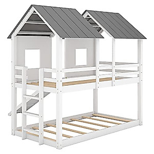 TARTOP Twin-Over-Twin Wooden House Bunk Bed with Slide, Windows, Ladder and Guardrails, Twin Size House Bunk Bed,White