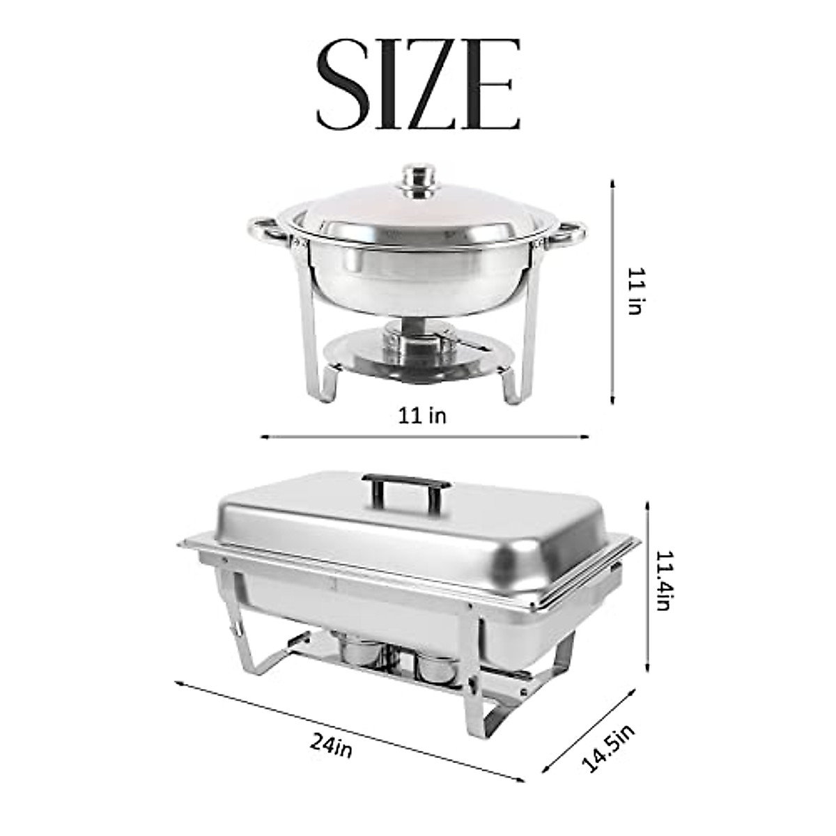 Restlrious Chafing Dish Buffet Set 4 Pack, Stainless Steel 5 QT Round & 8 QT Rectangular Foldable Chafers and Buffet Warmers Set, Full Size w/Water Pan, Food Pan, Fuel Holder & Lid for Catering Event