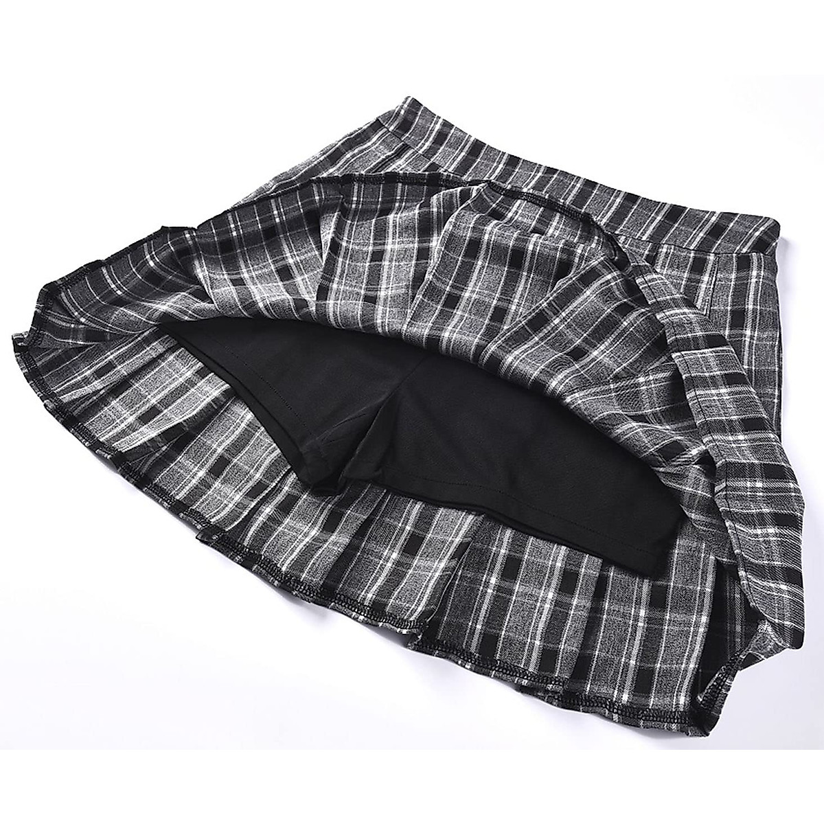 Hoerev Black Grey Plaid Pleated Skater Tennis School Uniform Skirt with Lining Shorts for Women Girls,US 6