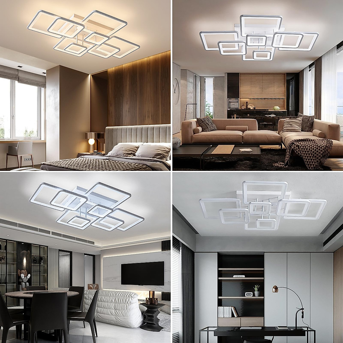 Shine LUEST Modern Dimmable LED Ceiling Lights, White Flush Mount Light Fixtures with Remote Control, Large Square 8-Ring Lamps for Living Room, Bedroom, 100W