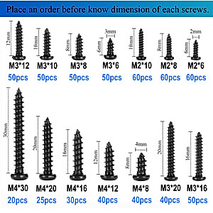 HanTof 625pcs M2 M3 M4 Phillips Pan Head Self-Tapping Wood Screws,14 Sizes Cross Recessed Round Head Self Tapper Screws Assortment Kit for Wood,Plastic and Soft Metal,Black Carbon Steel,Sharp Point