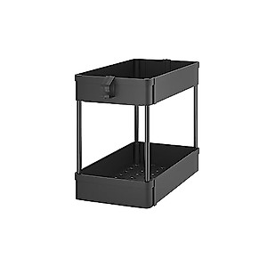 Boeeoan Under Sink Organizers Storage Rack, 2 Tier Under Bathroom Cabinet Shelf Basket, Multi-Purpose Storage Cart with Hooks for Kitchen Bathroom Bedroom Livingroom, Black