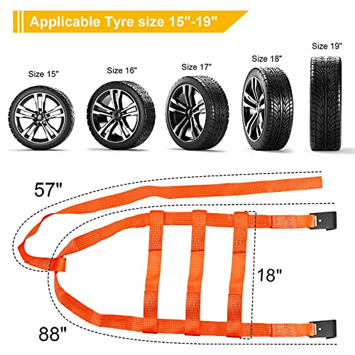 Partsam Tow Dolly Basket Straps - 2 Pack Equipped with Flat Hooks, Car Wheel Straps System Tire Net, Fits 15"-19" Tires/Wheels, 10000 lbs Break Strength, Orange, with 1 Carrying Bag