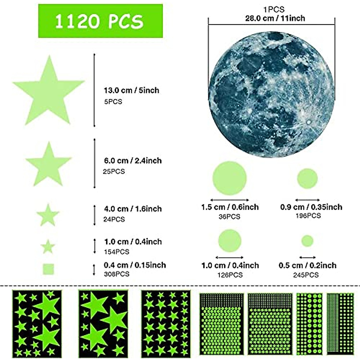 Glow in The Dark Stars for Ceiling, 1120PCS Airsnigi Glow in The Dark Wall Decals Long-Lasting Glowing Star Wall Stickers Perfect Gifts for Kids Room Decor, Halloween, Christmas-Green