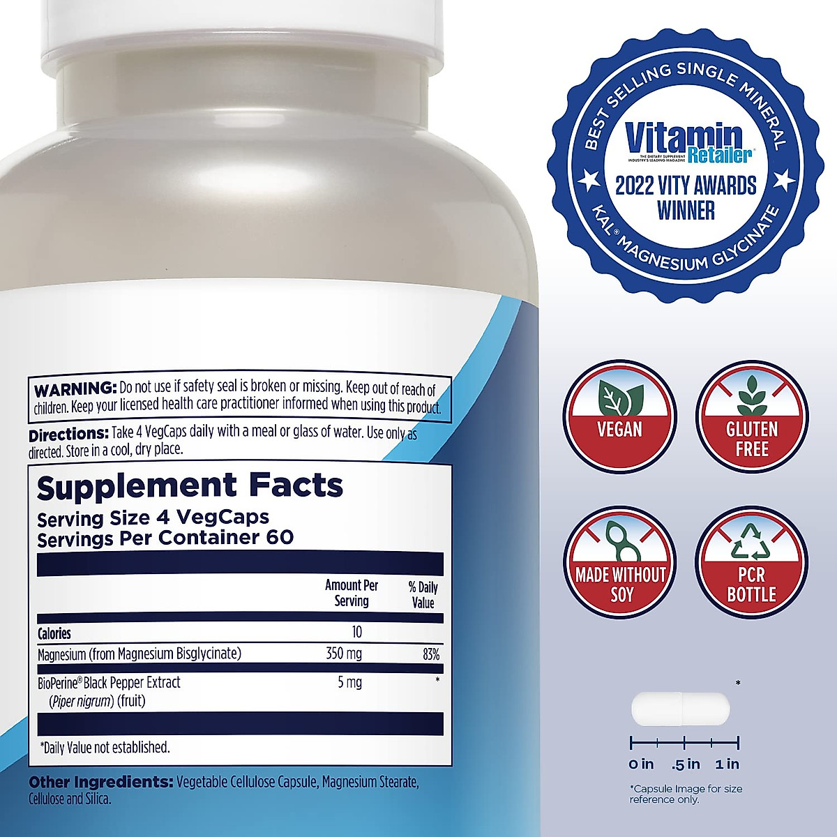 KAL Magnesium Glycinate, New & Improved Fully Chelated High Absorption Formula with BioPerine, Bisglycinate Chelate for Stress, Relaxation, Muscle & Bone Health Support, 60 Servings, 240 VegCaps