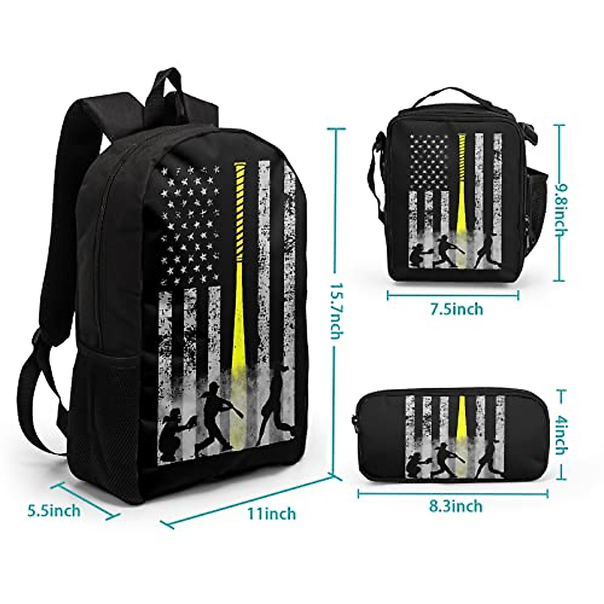 Nerxy School Backpack Set 3 Pcs Baseball US Flag Printed Large Bookbags Heavy Duty Shoulder Packs Teenager Girls Boys