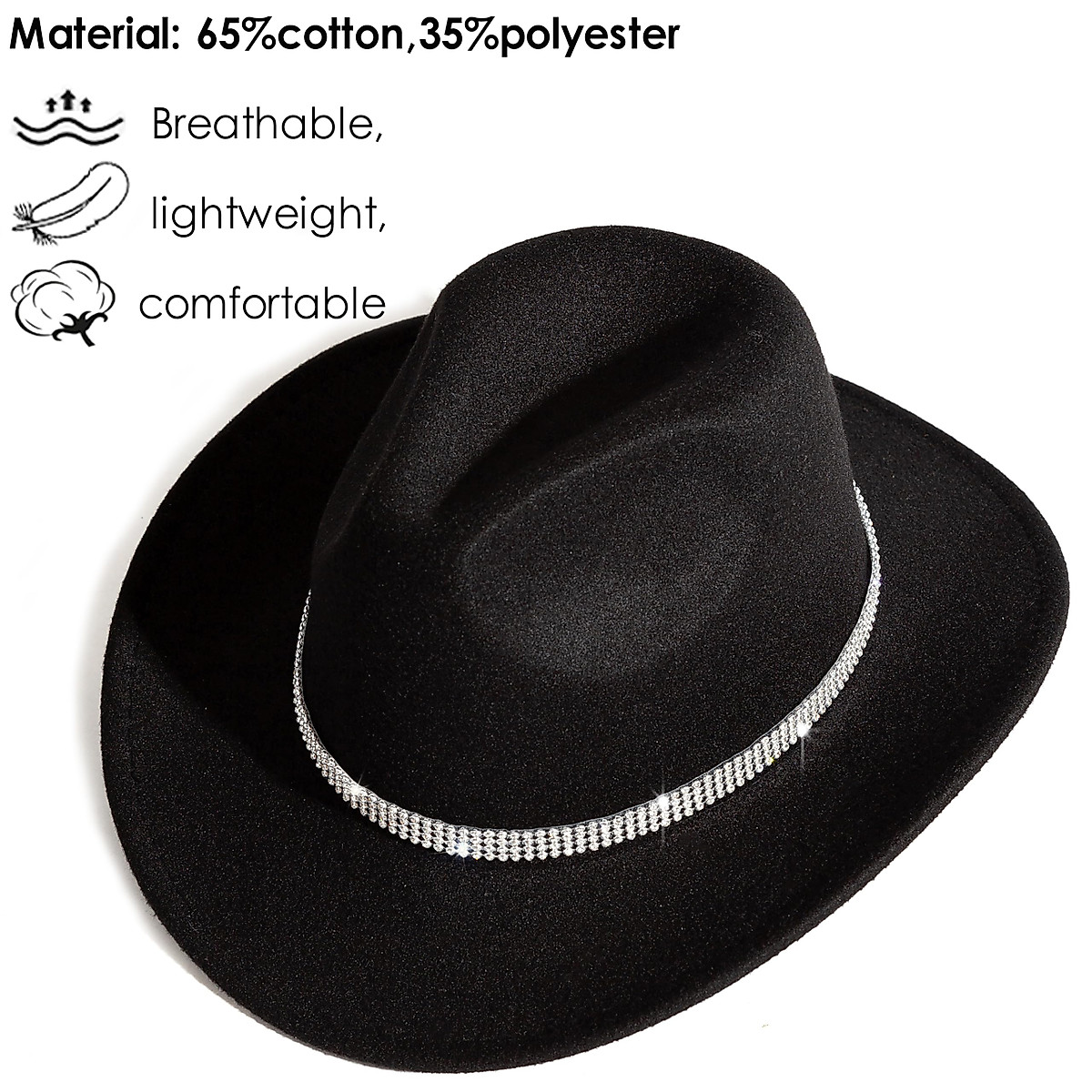 HUDANHUWEI Shiny Rhinestone Cowgirl Hat Bling Wide Brim Cowboy Hat Party Classic Black