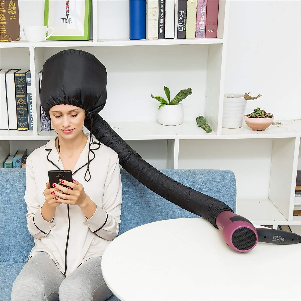 Bonnet Hood Hair Dryer Attachment - Adjustable Extra Large Dryer Bonnet System for Hand Held Hair Dryer with Stretchable Grip and Extended Hose Length (Machine Washable)