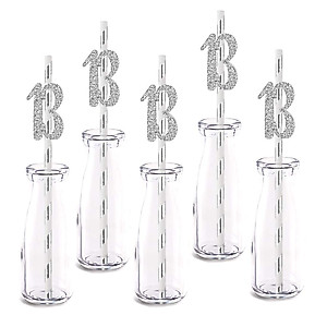 Silver Happy 13th Birthday Straw Decor, Silver Glitter 24pcs Cut-Out Number 13 Party Drinking Decorative Straws, Supplies