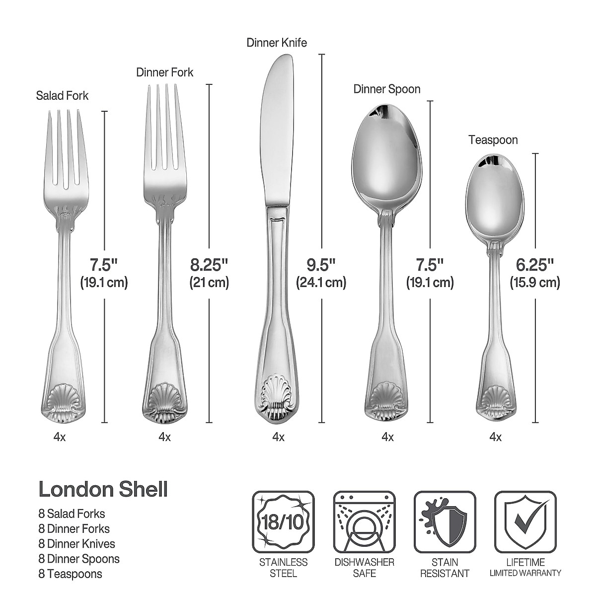 Towle London Shell 45-Piece 18/10 Stainless Steel Flatware Set, Service for 8