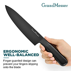GrandMesser Cooking Chef Knife 8 Inches Carbon Stainless Steel Kitchen Knife with Sharpener and Ergonomic Handle - Chopping Knife for Professional Use (Glossy Stainless)