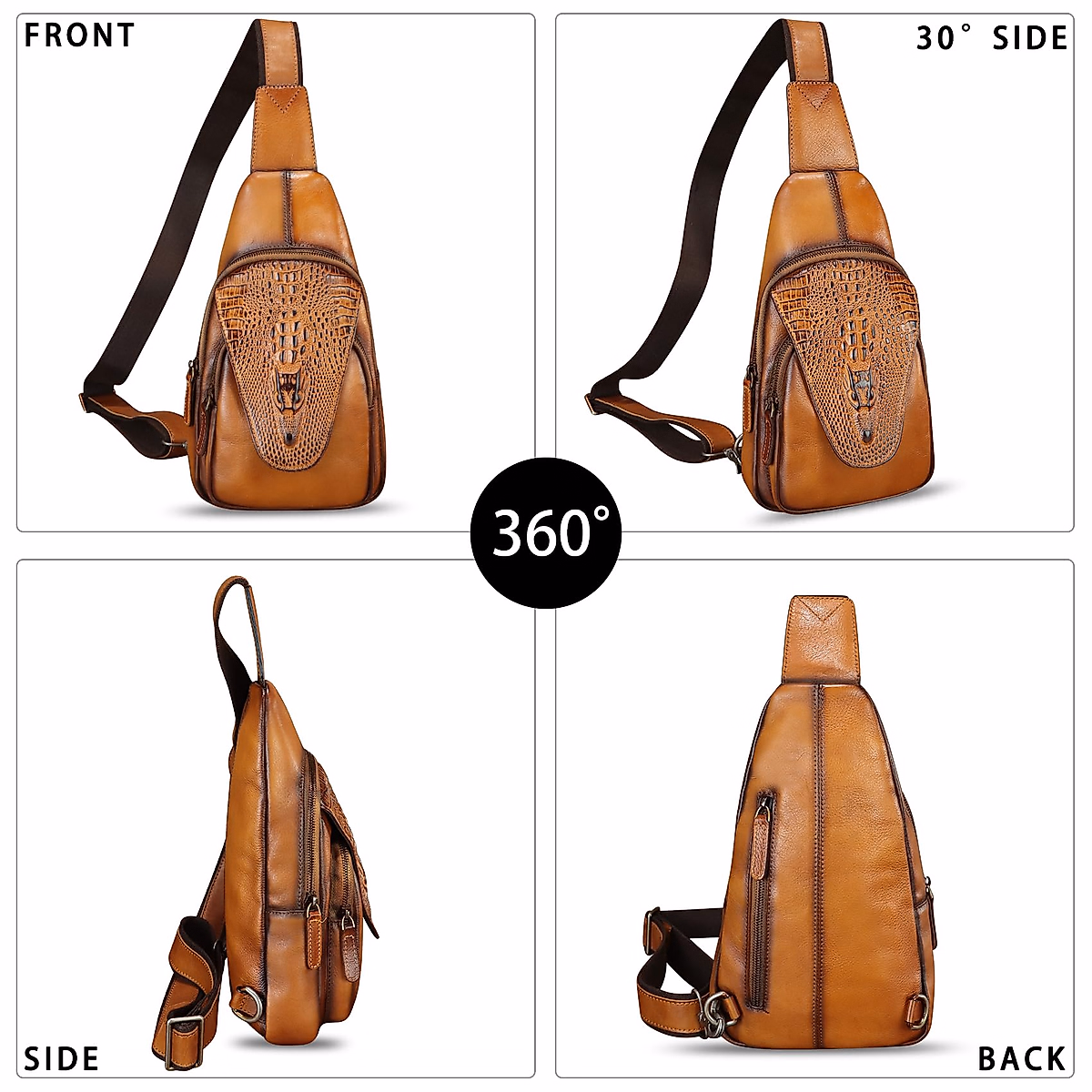 FEIGITOR Genuine Leather Sling Bag Embossed Crocodile Pattern Leather Crossbody Sling Backpack Handmade Chest Purse Daypack (Brown)